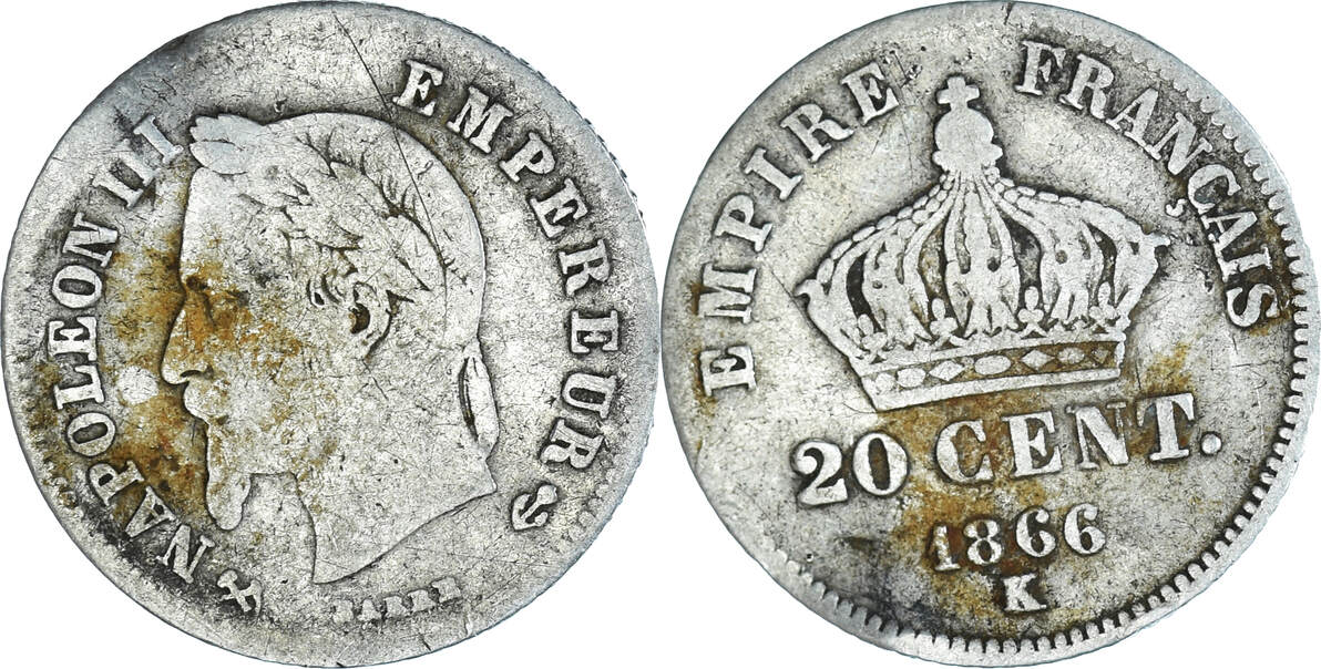 France 20 Centimes 1866 K Coin, Napoleon III, Napoléon III, Bordeaux F ...