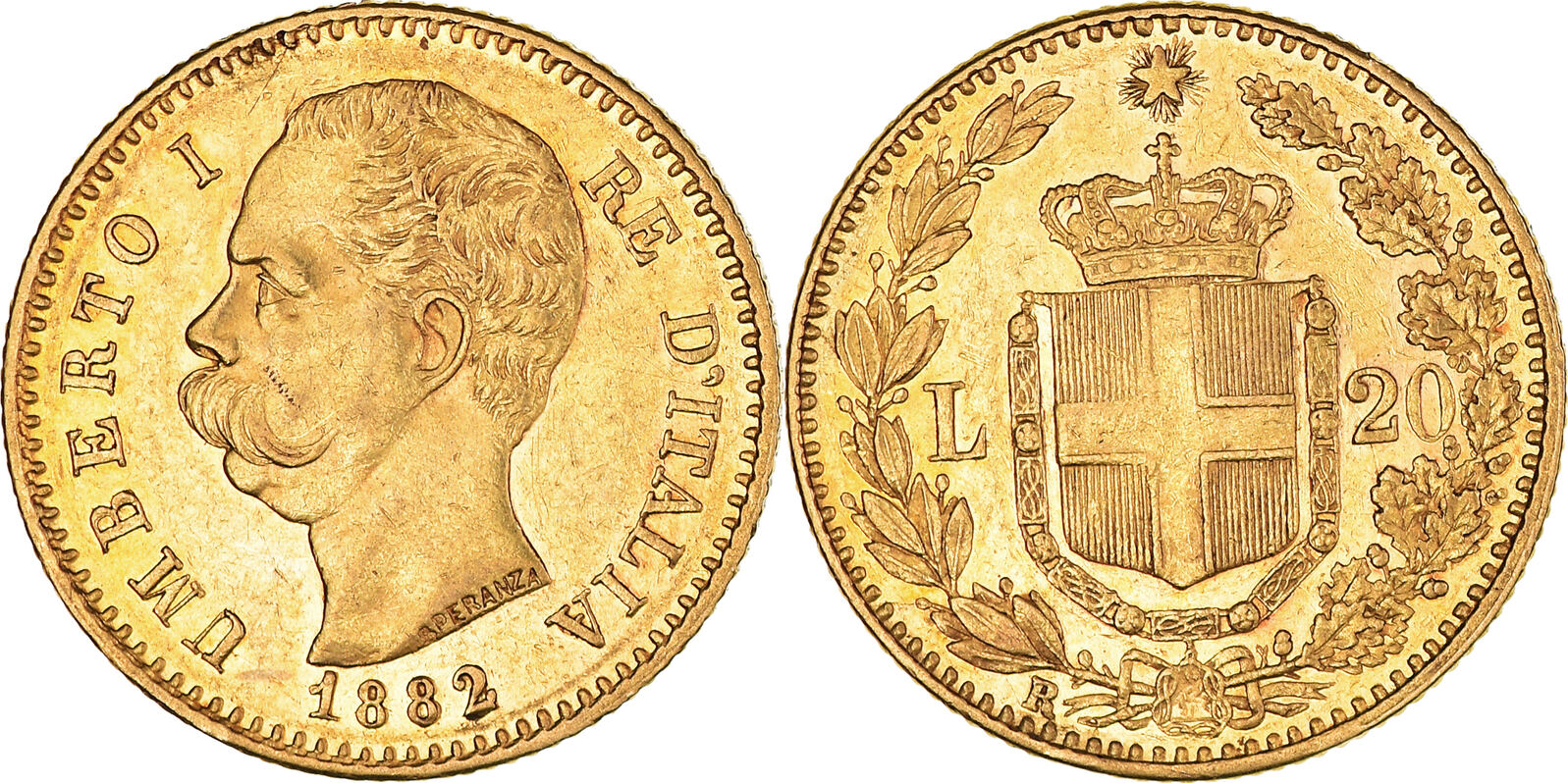 Italy 20 Lire 1882 R Coin, Umberto I, Rome, Gold, KM:21 AU(50-53) | MA ...