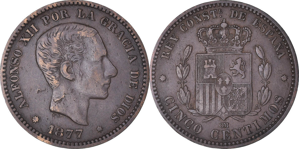 Spain 5 Centimos 1877 Barcelona Coin, Alfonso XII, Barcelona, Bronze ...