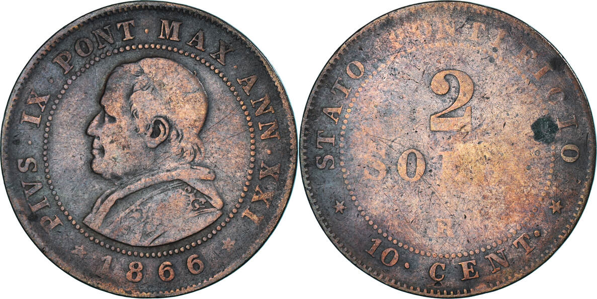 ITALIAN STATES 2 Soldi, 10 Centesimi 1866 R Coin, PAPAL STATES, Pius IX ...