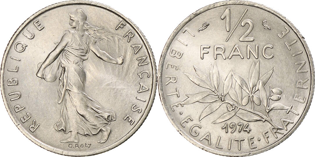 France 1/2 Franc 1974 Paris Coin, Semeuse, Paris, Nickel, KM:931.1 MS(60-62) | MA-Shops