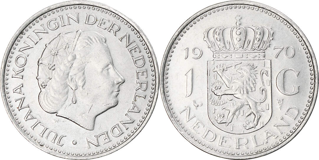 Netherlands Gulden 1970 Coin, Juliana, Nickel, KM:184a AU(50-53) | MA-Shops