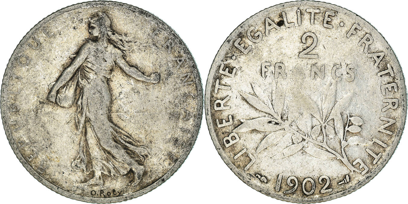 France 2 Francs 1902 Paris Coin, Semeuse, Paris, Silver, KM:845.1 VF(30-35) | MA-Shops