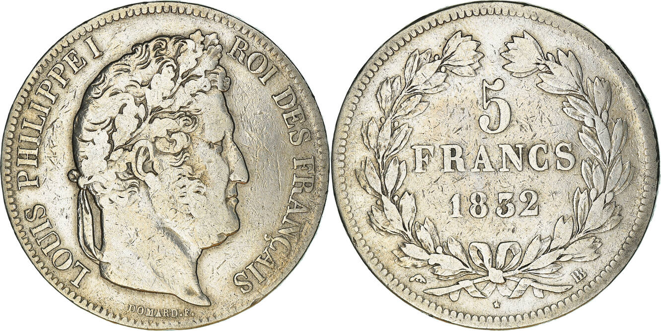France 5 Francs 1832 BB Coin, Louis-Philippe, Strasbourg, Silver VF(20 ...
