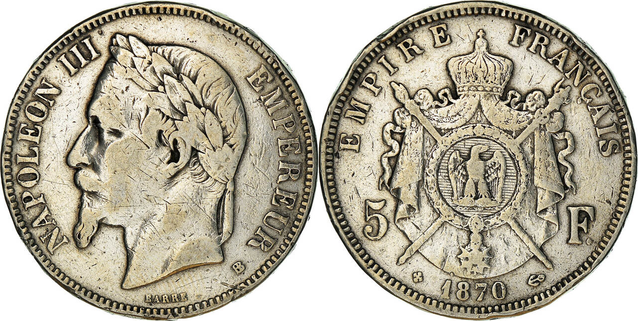 France 5 Francs 1870 BB Coin, Napoléon III, Strasbourg, Silver EF(40-45 ...