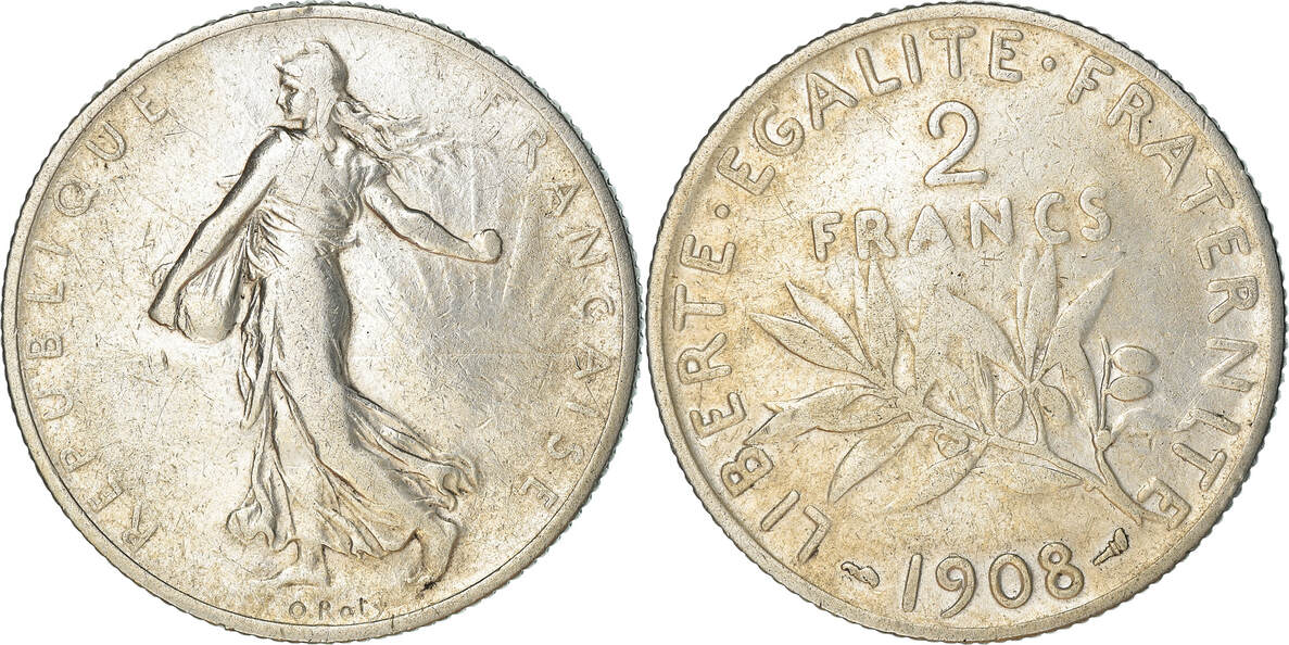 France 2 Francs 1908 Paris Coin, Semeuse, Paris, Silver, KM:845.1 VF(30 ...