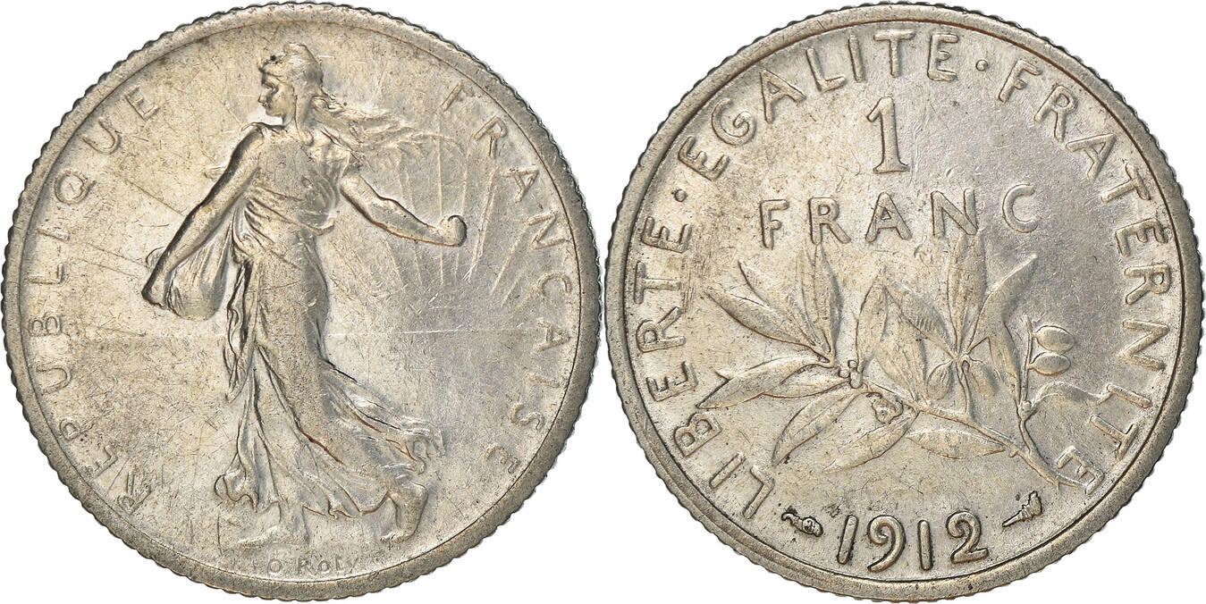 France Franc 1912 Paris Coin, Semeuse, Paris, Silver, KM:844.1 AU(55-58) | MA-Shops