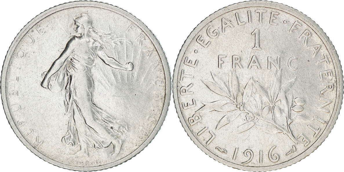 France Franc 1916 Paris Coin, Semeuse, Paris, Silver, KM:844.1, Gadoury:467 MS(63) | MA-Shops