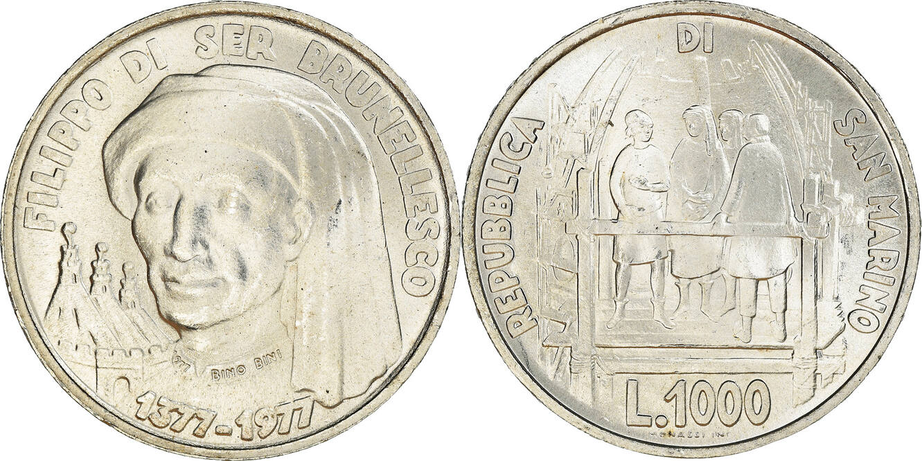 San Marino 1000 Lire 1977 Rome Coin, Rome, Silver, KM:72 MS(64) | MA-Shops