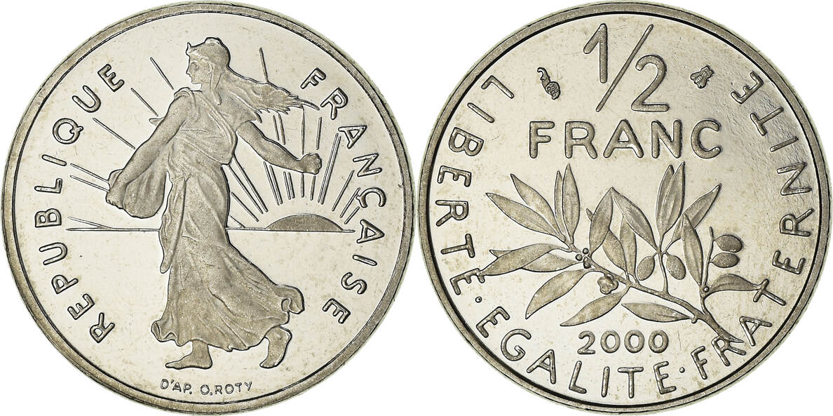 France 1/2 Franc 2000 Paris Coin, Semeuse, Paris, Proof / BE, Nickel MS ...