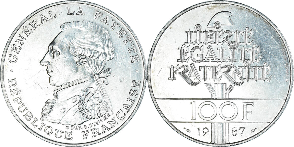 France 100 Francs 1987 Coin, Lafayette, Silver, KM:962 AU(50-53) | MA-Shops