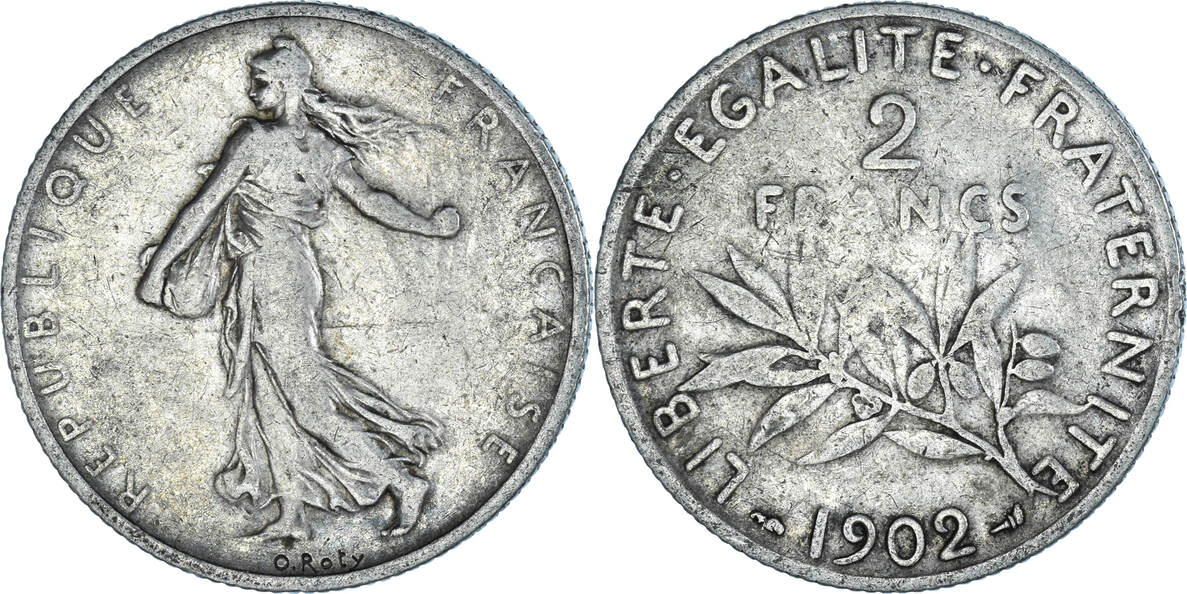 France 2 Francs 1902 Paris Coin, Semeuse, Paris, Silver, KM:845.1 VF(30-35) | MA-Shops