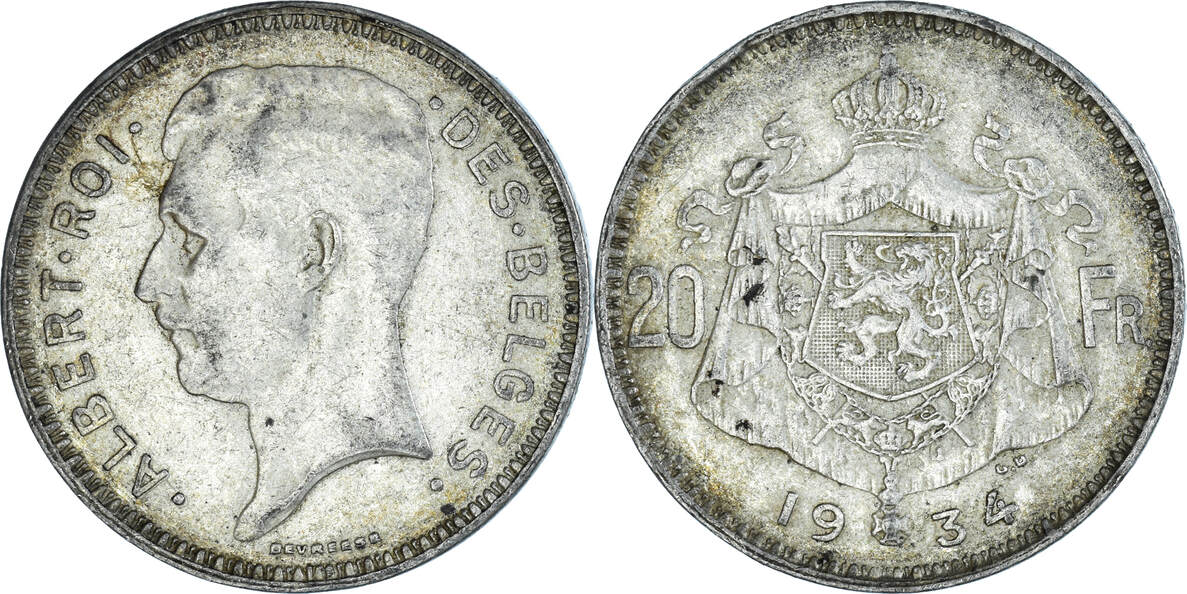 Belgium 20 Francs, 20 Frank 1934 Brussels Coin, Brussels, Silver, KM ...