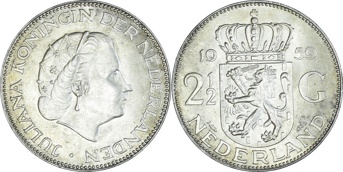 Netherlands 2-1/2 Gulden 1959 Coin, Juliana, Silver, KM:185 AU(55-58 ...