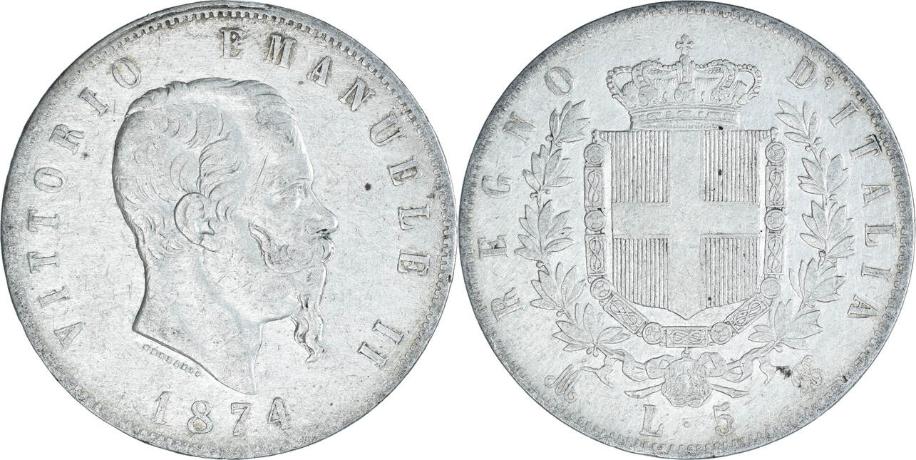 Italy 5 Lire 1874 M Coin, Vittorio Emanuele II, Milan, Silver VF(30-35 ...