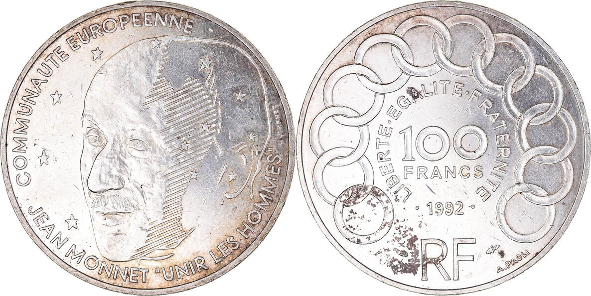 France 100 Francs 1992 Paris Coin, Jean Monnet, Paris, Silver, KM:1120 ...