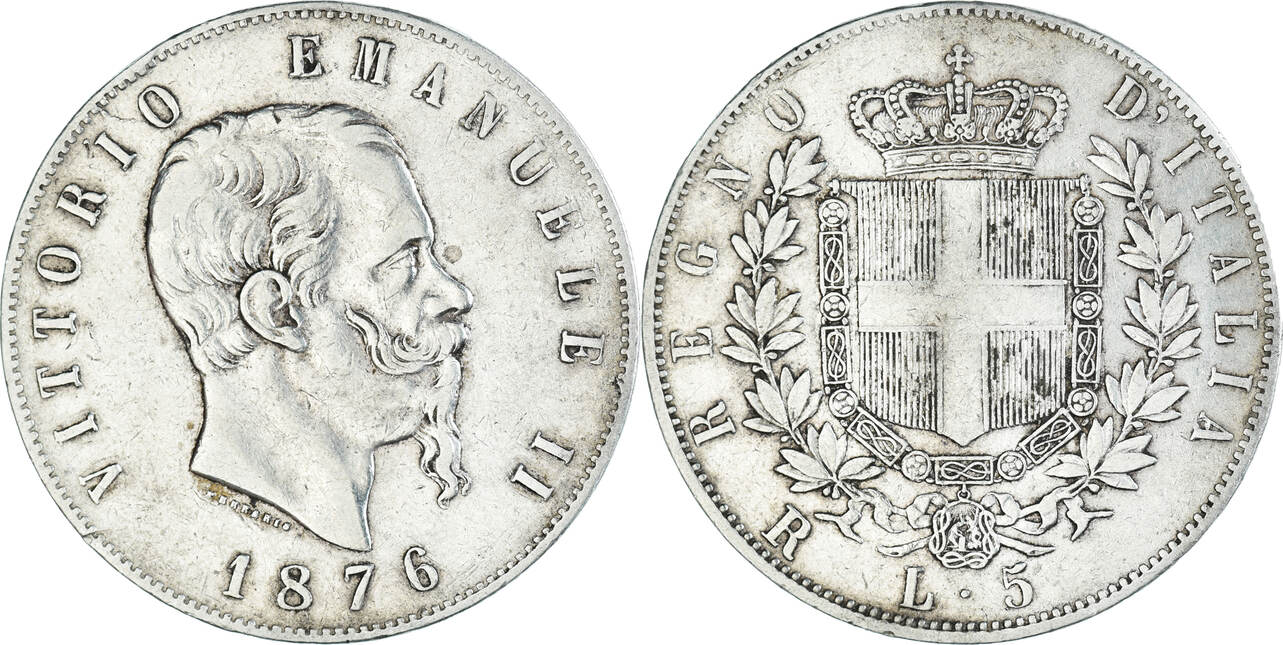 Italy 5 Lire 1876 R Coin, Vittorio Emanuele II, Rome, Silver, KM:8.4 EF(40-45) | MA-Shops