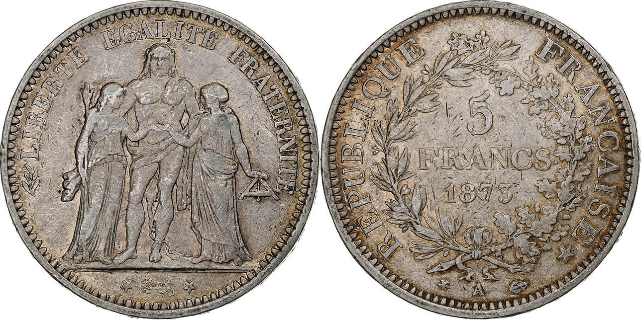 France 5 Francs 1873 A Coin, Hercule, Paris, Silver, KM:820.1 VF(30-35) | MA-Shops