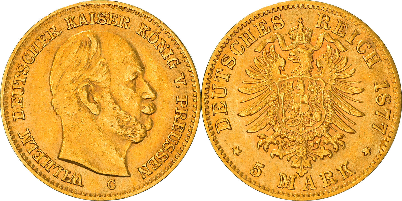 German States 5 Mark 1877 C Coin, PRUSSIA, Wilhelm I, Cleves, Gold AU ...