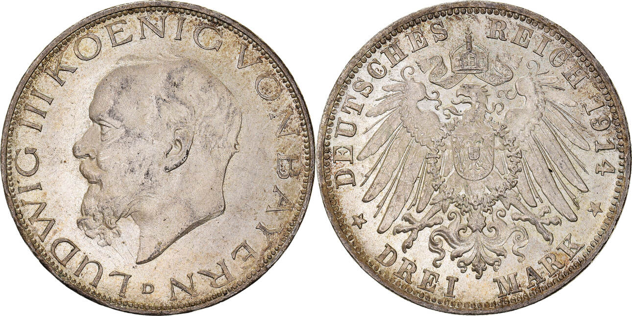German States 3 Mark 1914 D Coin, BAVARIA, Ludwig III, Munich AU(50-53 ...
