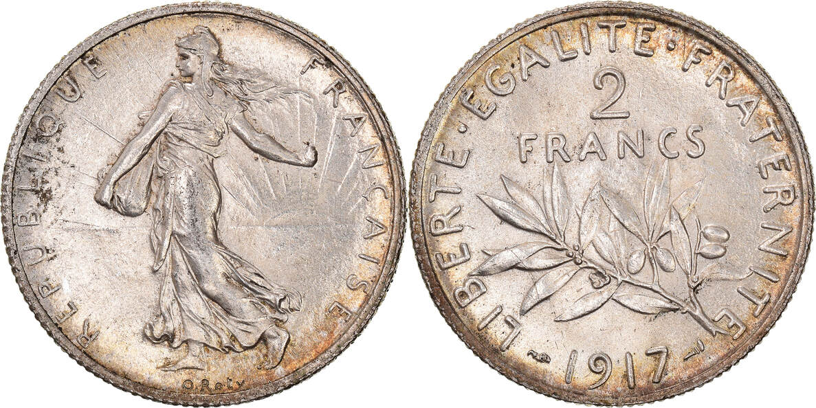 France 2 Francs 1917 Paris Coin, Semeuse, Paris, Silver, KM:845.1 MS(60-62) | MA-Shops