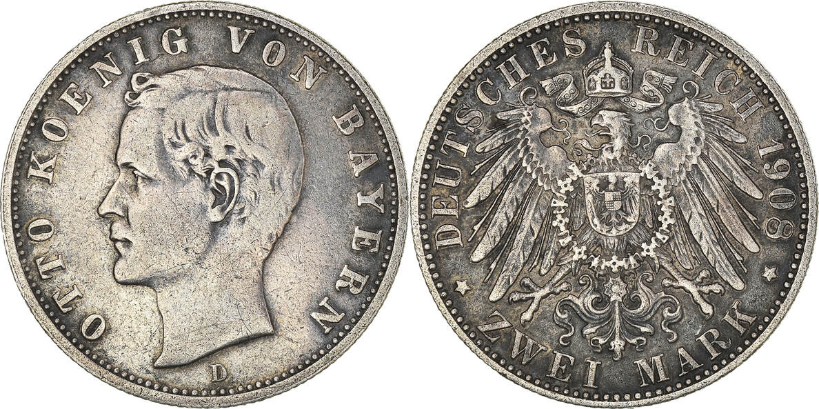 German States 2 Mark 1908 D Coin, BAVARIA, Otto, Munich, Silver EF(40 ...