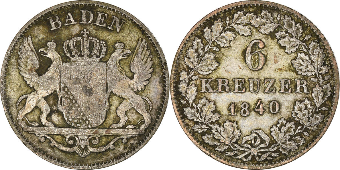 German States 6 Kreuzer 1840 Coin, BADEN, Leopold I, Silver EF(40-45 ...