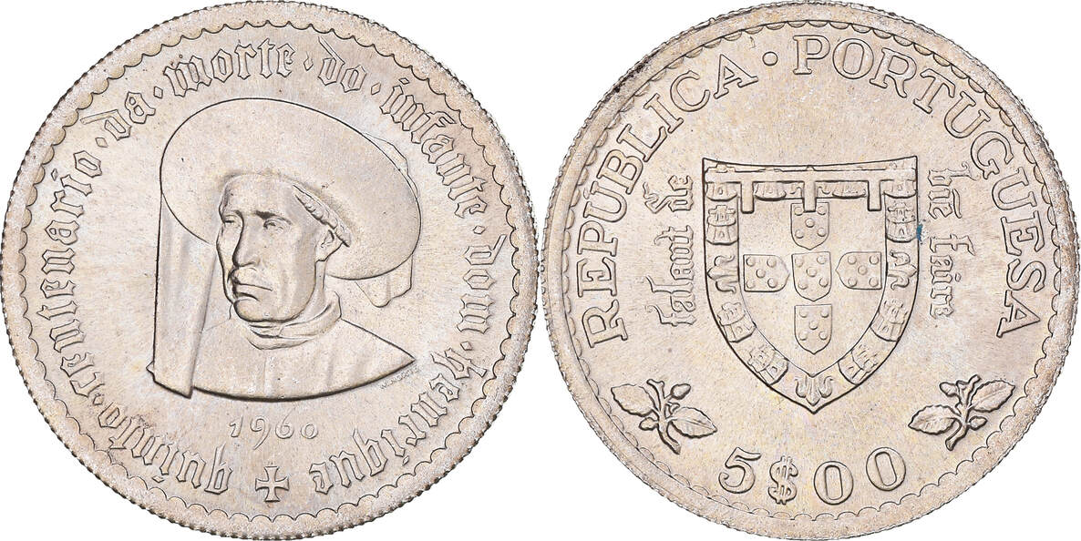 Portugal 5 Escudos 1960 INCM Coin, Lisbon, Silver, KM:587 MS(63) | MA-Shops