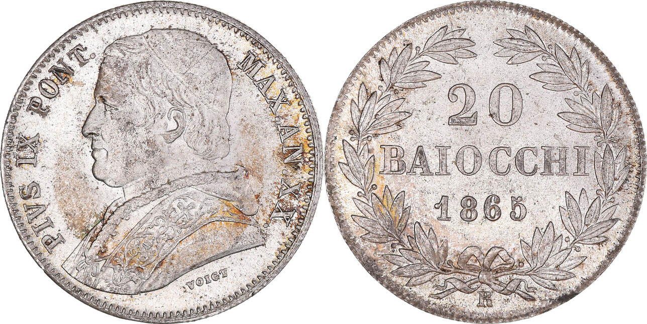 ITALIAN STATES 20 Baiocchi 1865 R Coin, PAPAL STATES, Pius IX, Rome AU ...