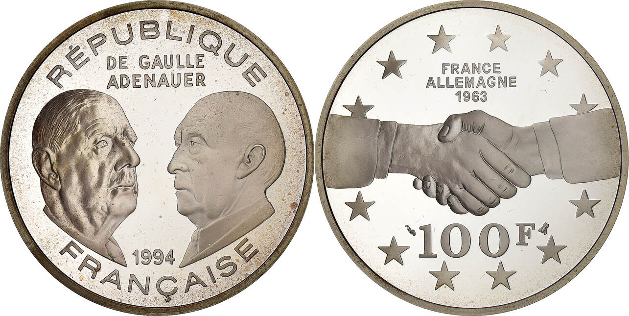 France 100 Francs 1994 De Gaulle - Adenauer, BE, Silver MS(65-70) | MA ...