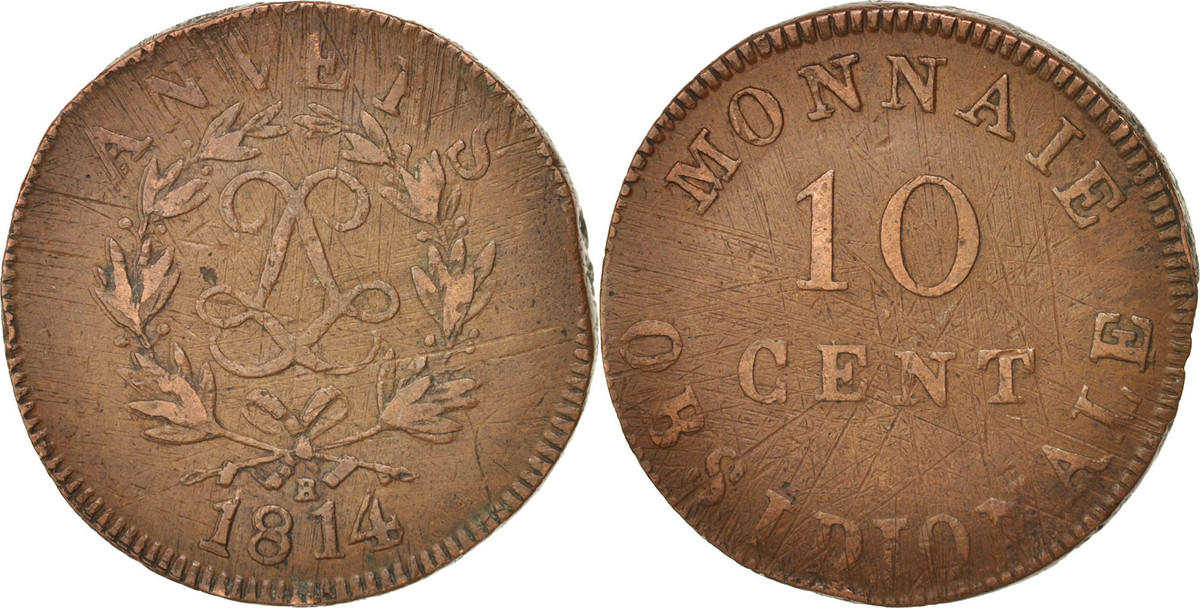 FRENCH STATES 10 Centimes 1814 Coin, ANTWERP, Bronze, KM:7.2 VF(20-25 ...