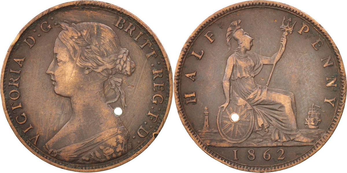 Great Britain 1/2 Penny 1862 Coin, Victoria, Bronze, KM:748.2 VF(30-35 ...