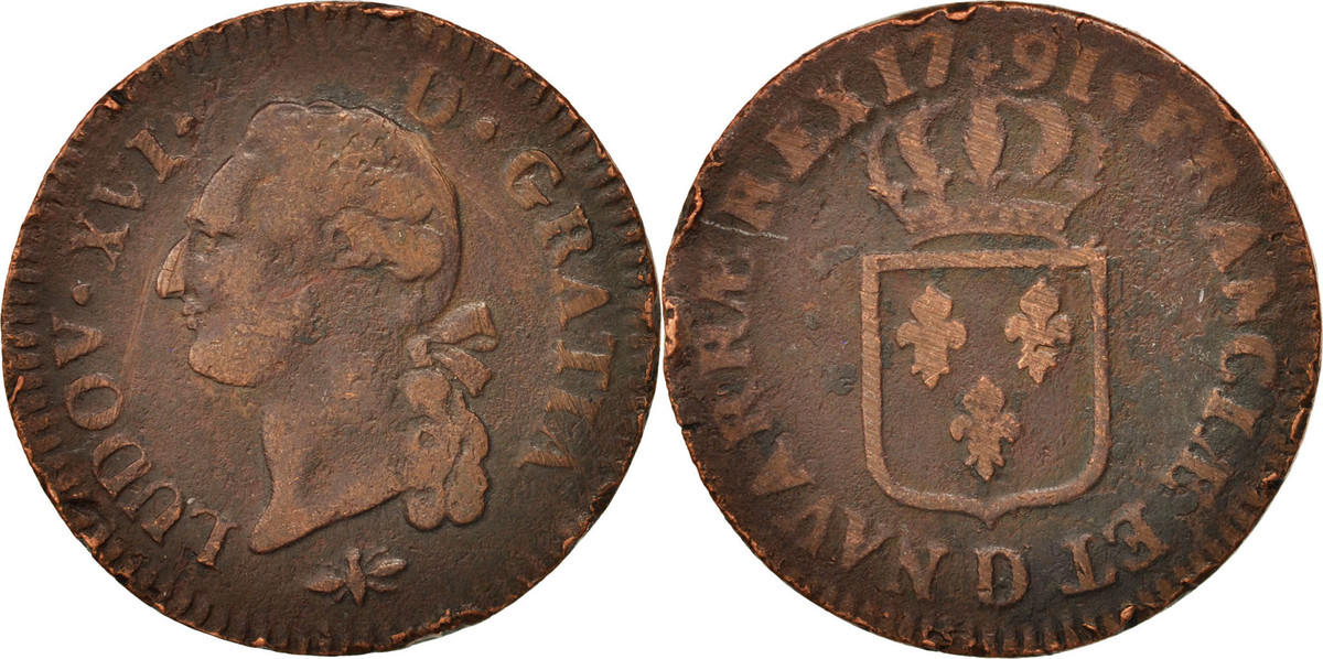 France 1791 D Coin, Louis XVI, Sol ou sou, Lyon, Copper VF(30-35) | MA ...