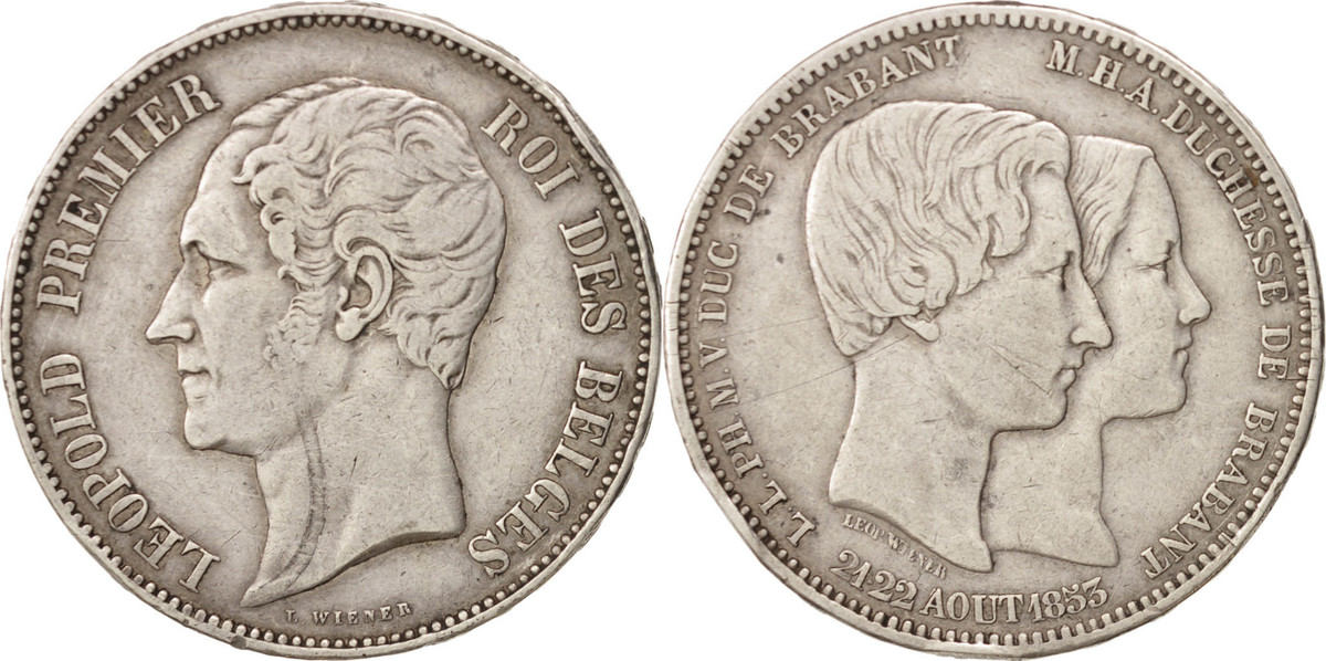 Belgium 5 Francs 1863 Coin, Leopold I, Silver, KM:2.2 EF(40-45) | MA-Shops