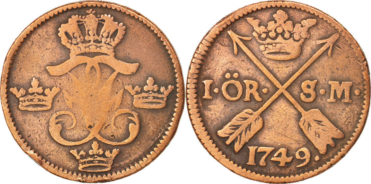 Sweden Ore, S.M. 1749 Coin, Frederick I, Copper, KM:416.1 EF(40-45 ...