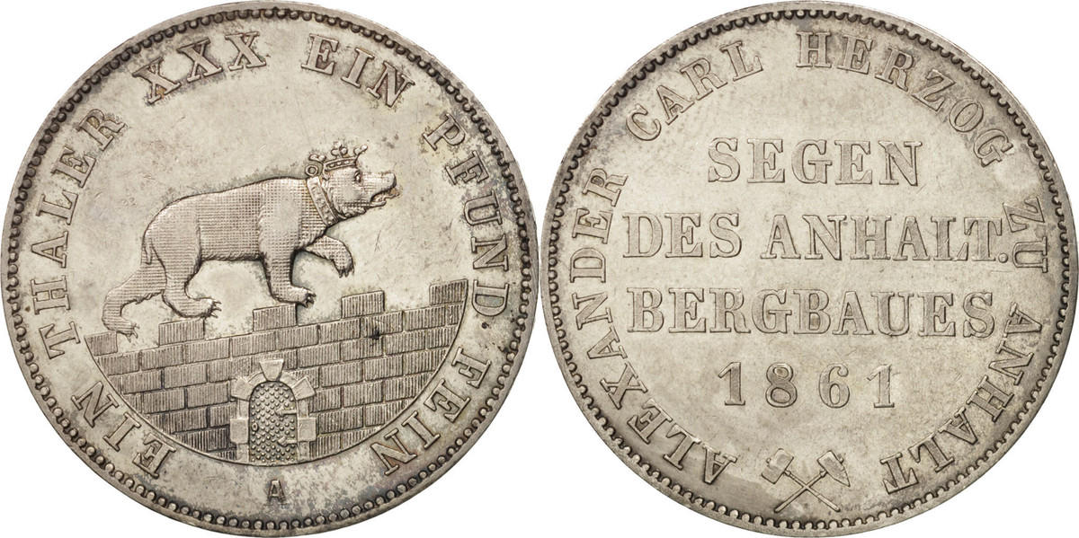 German States Thaler 1861 A Coin, ANHALT-BERNBURG, Alexander Carl ...