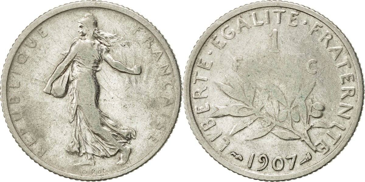 France Franc 1907 Paris Coin, Semeuse, Paris, Silver, KM:844.1 VF(20-25) | MA-Shops
