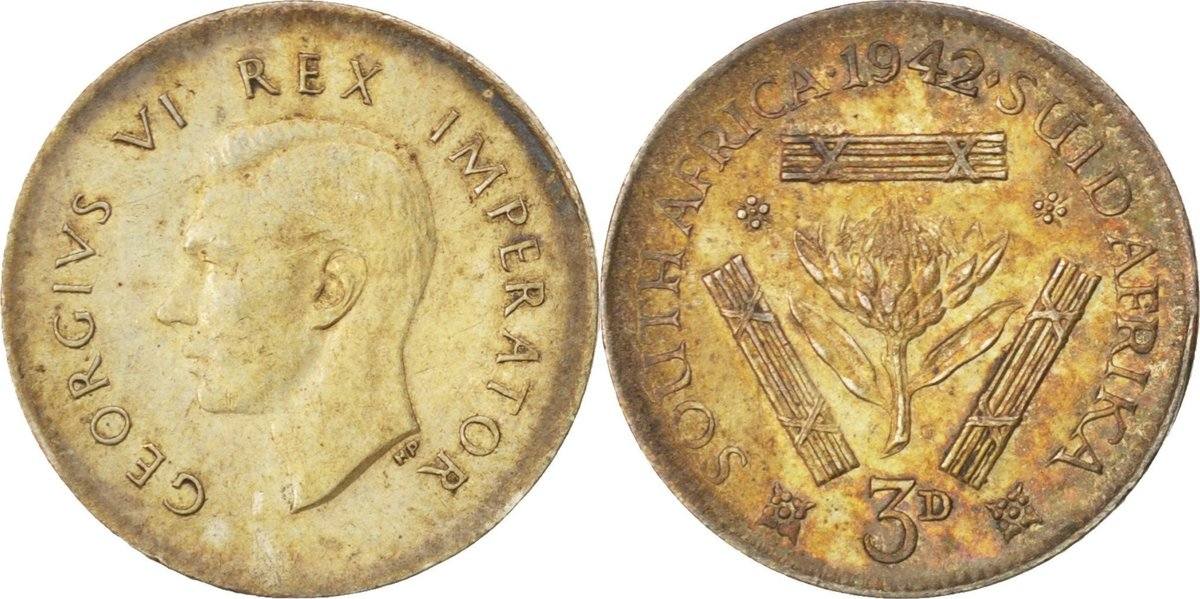 South Africa 3 Pence 1942 Coin, George VI, Silver, KM:26 AU(55-58) | MA ...