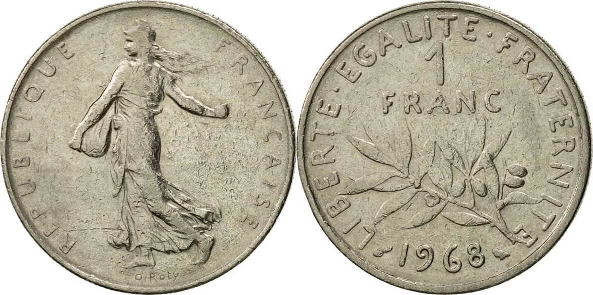 France Franc 1968 Paris Coin, Semeuse, Paris, Nickel, KM:925.1 AU(50-53 ...
