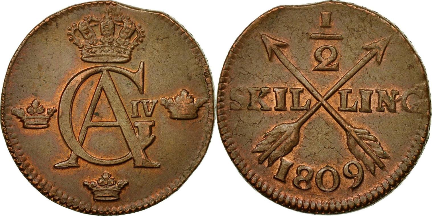 Sweden 1/2 Skilling 1809 Coin, Gustaf IV Adolf, Copper, KM:565 MS(60-62 ...