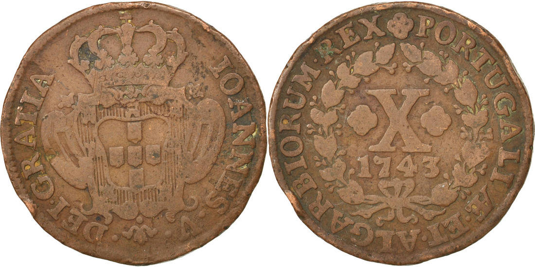 Portugal 10 Reis, X; 1/2 Vinten 1743 Coin, Jo, Copper, KM:227 VF(30-35 ...