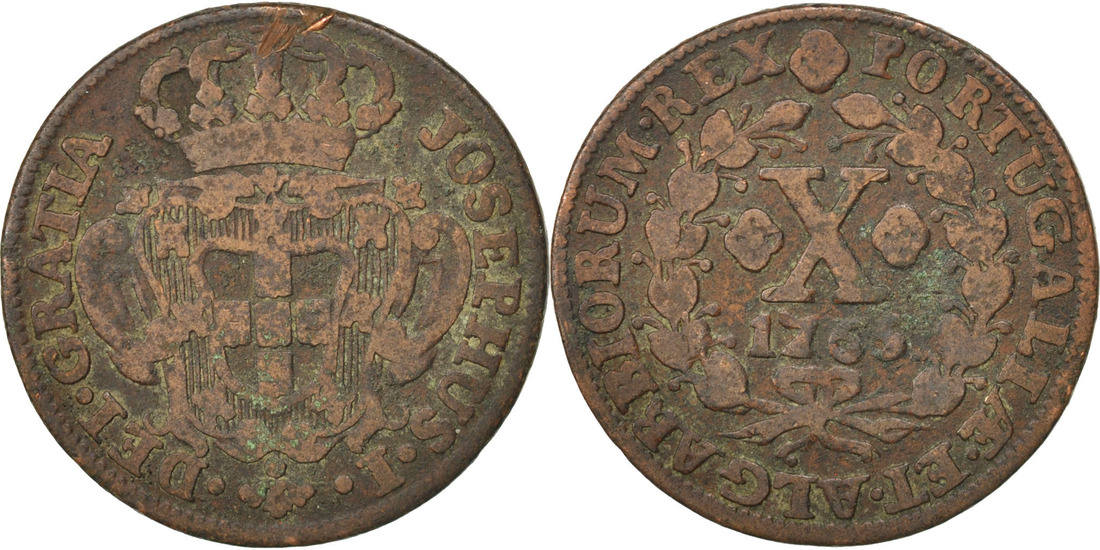 Portugal 10 Reis, X; 1/2 Vinten 1765 Coin, Jose I, Copper VF(30-35 ...
