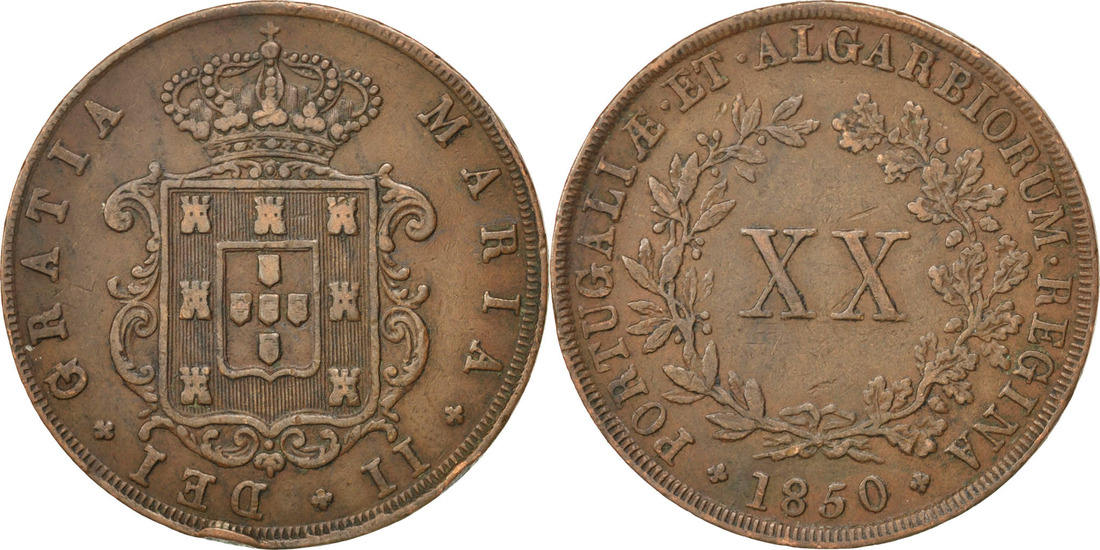 Portugal 20 Reis 1850 Coin, Maria II, Copper, KM:482 EF(40-45) | MA-Shops