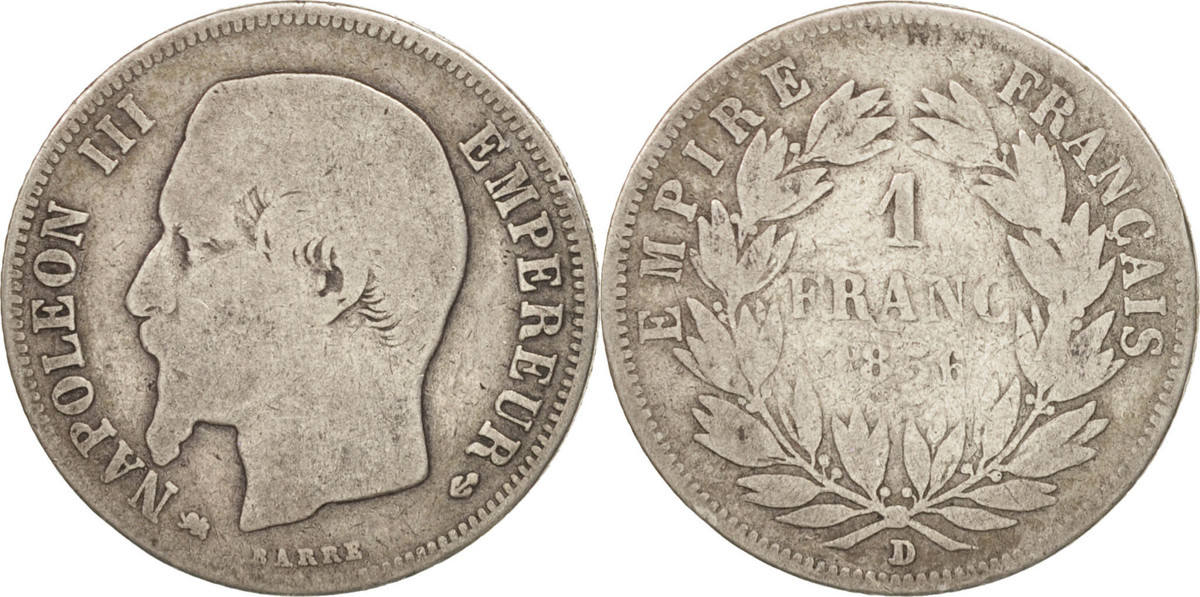 France Franc 1856 D Coin, Napoleon III, Napoléon III, Lyon, Silver VG(8 ...