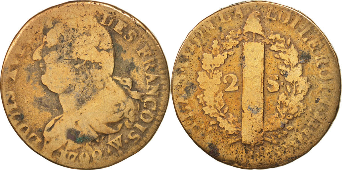 France 2 Sols 1792 Arras Coin, Arras, Bronze, Gadoury:25 VG(8-10) | MA ...
