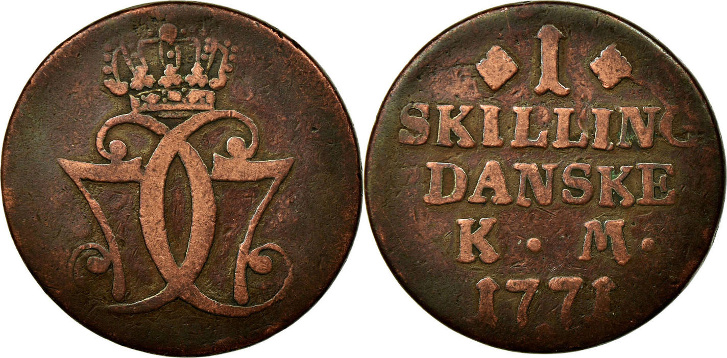 Denmark Skilling 1771 Coin, Christian VII, Copper, KM:616.3 VF(30-35 ...