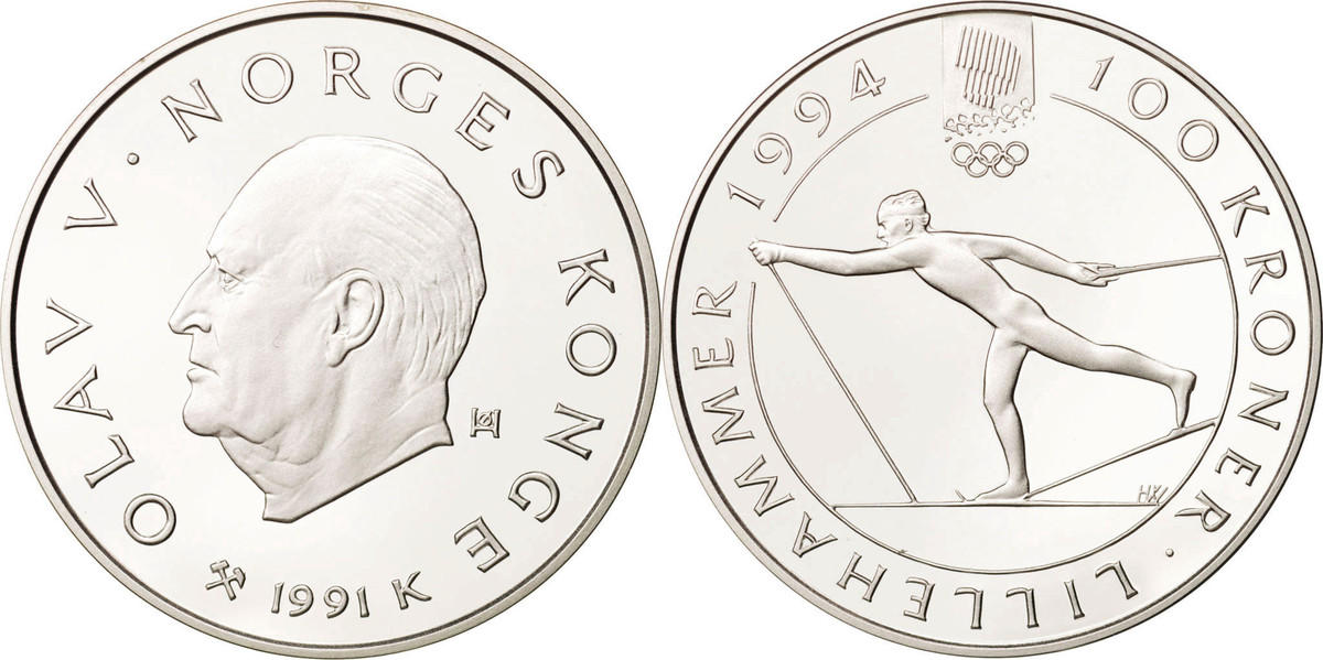 Norway 100 Kroner 1991 Coin, Olav V, Silver, KM:433 MS(65-70) | MA-Shops
