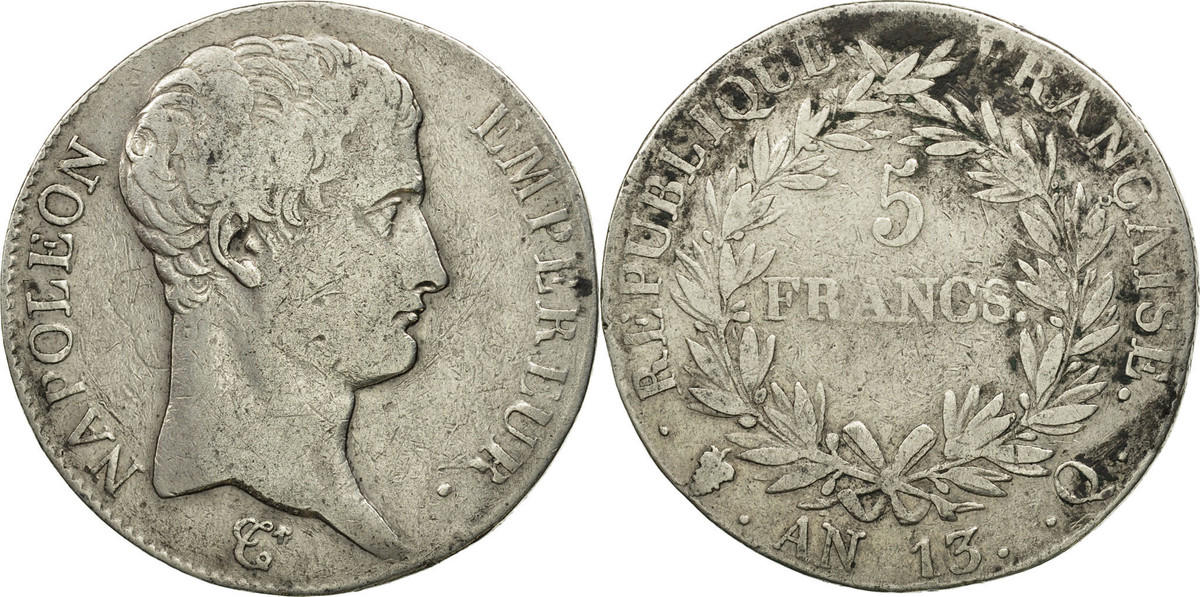 France 5 Francs 1805 Q Coin, Napoléon I, Perpignan, Silver VF(30-35 ...