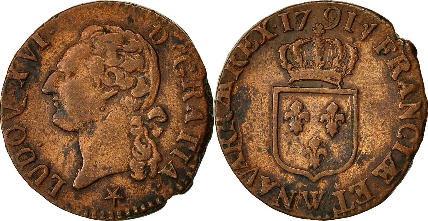France 1791 W Coin, Louis XVI, 1/2 Sol ou 1/2 sou, Lille EF(40-45) | MA ...