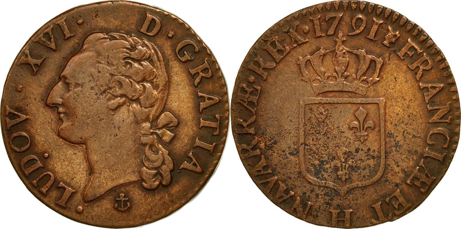 France 1791 H Coin, Louis XVI, 1/2 Sol ou 1/2 sou, La Rochelle VF(30-35 ...